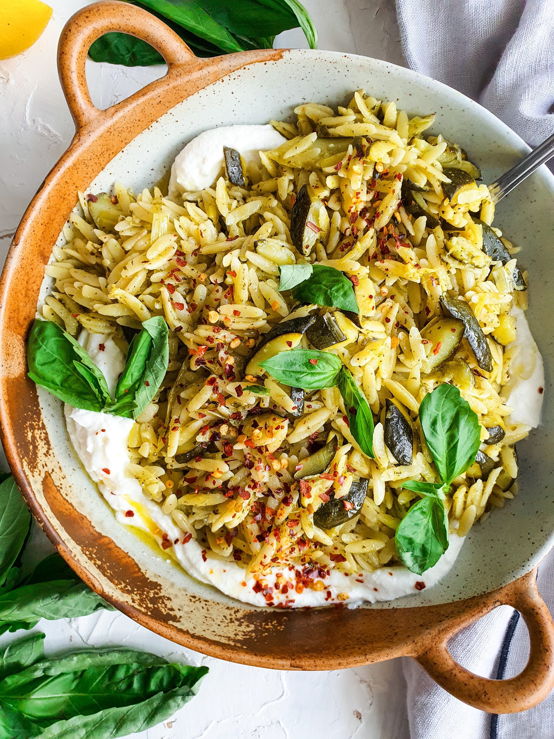 15 Minute Lemon Garlic Basil Courgette Orzo with Whipped Ricotta ...